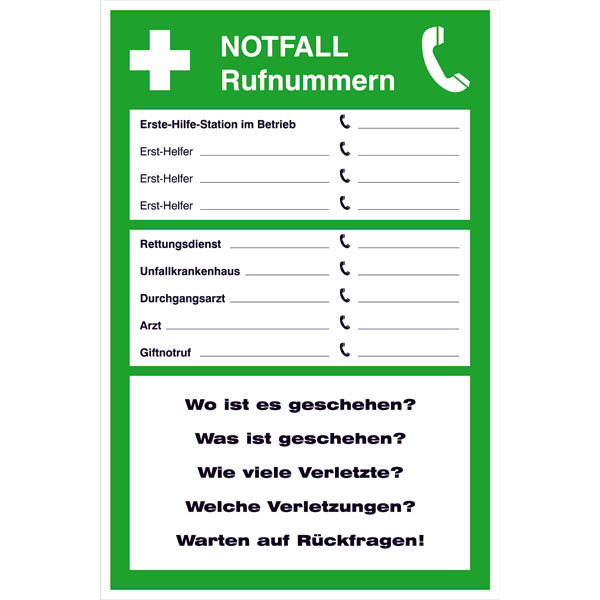 Aushang - Notfall Notfall Rufnummern mit Freifeldern zur ...