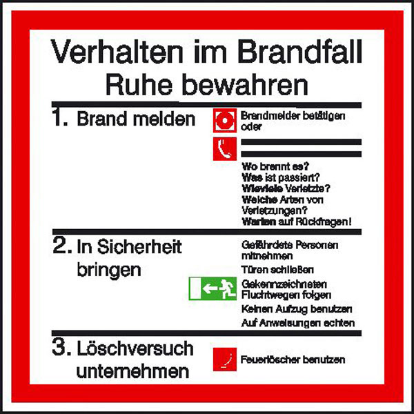 Aushang - Brandschutz Verhalten im Brandfall mit Sicherheitszeichen nach BGV A8 direkt beim ...